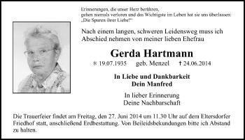 Traueranzeigen von Gerda Hartmann | trauer.nn.de