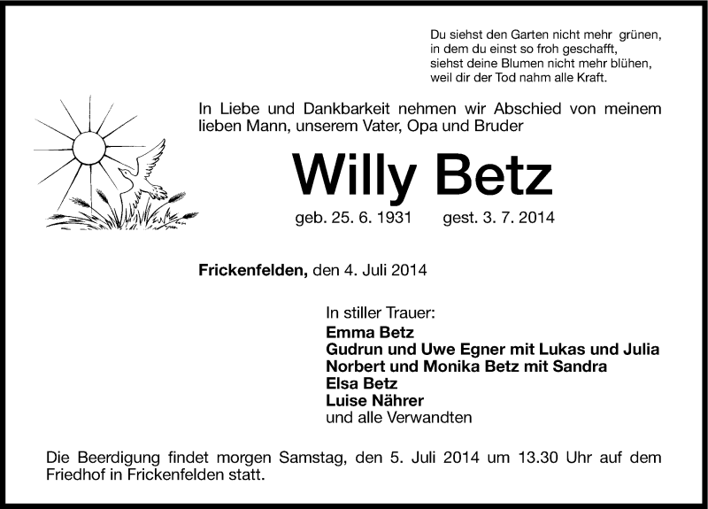 Traueranzeigen von Willy Betz | trauer.nn.de
