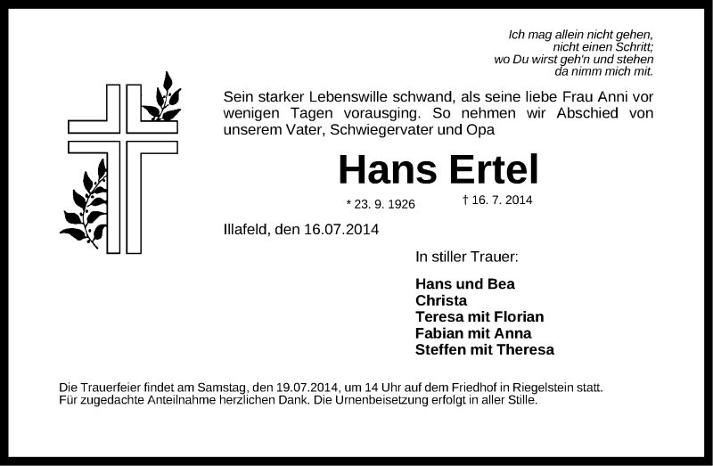 Traueranzeigen von Hans Ertel | trauer.nn.de