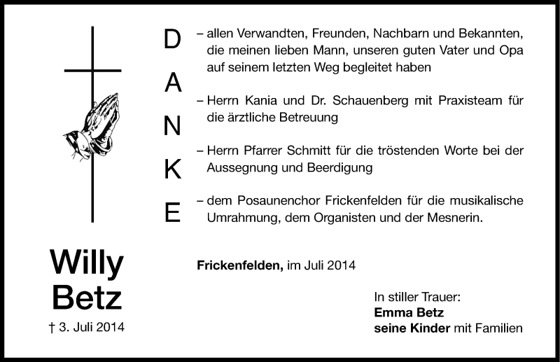 Traueranzeigen von Willy Betz | trauer.nn.de