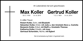 Traueranzeigen von Gertrud und Max Koller | trauer.nn.de