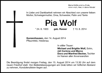 Traueranzeigen von Pia Wolf | trauer.nn.de