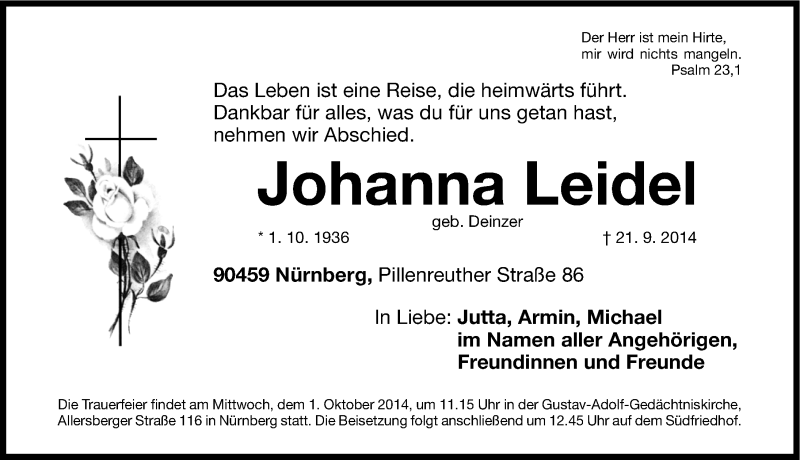 Traueranzeigen von Johanna Leidel | trauer.nn.de