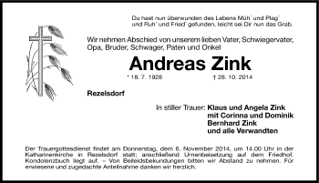 Traueranzeigen von Andreas Zink | trauer.nn.de