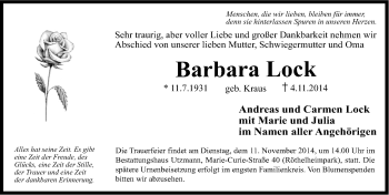 Traueranzeigen von Barbara Lock | trauer.nn.de
