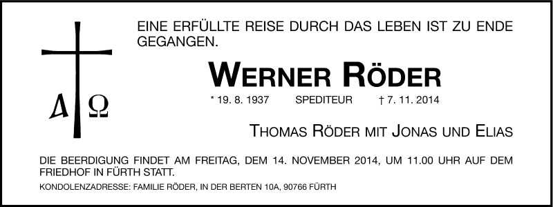 Traueranzeigen von Werner Röder | trauer.nn.de