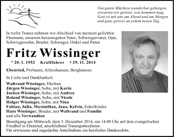 Traueranzeigen von Fritz Wissinger | trauer.nn.de