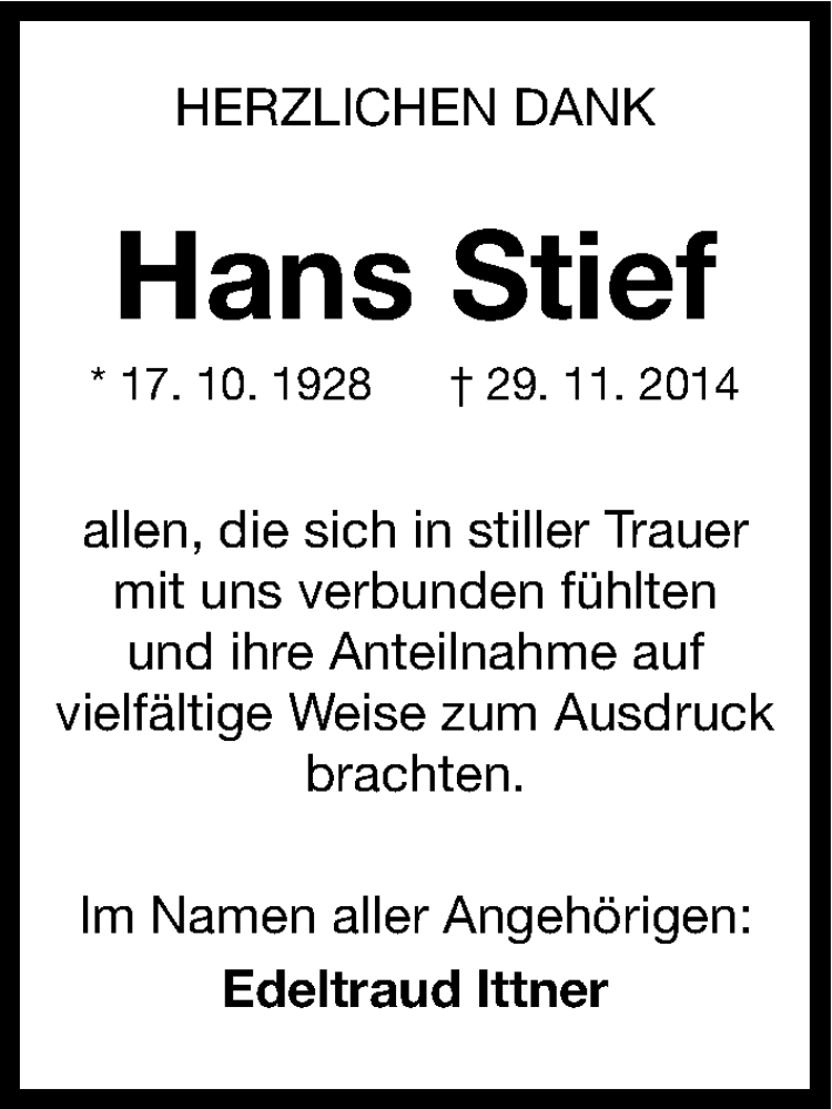 Traueranzeigen von Hans Stief | trauer.nn.de