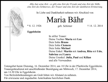 Traueranzeigen von Maria Bähr | trauer.nn.de