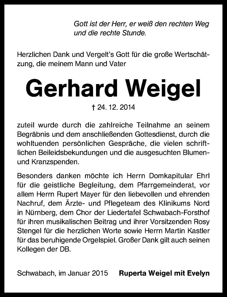 Traueranzeigen von Gerhard Weigel | trauer.nn.de