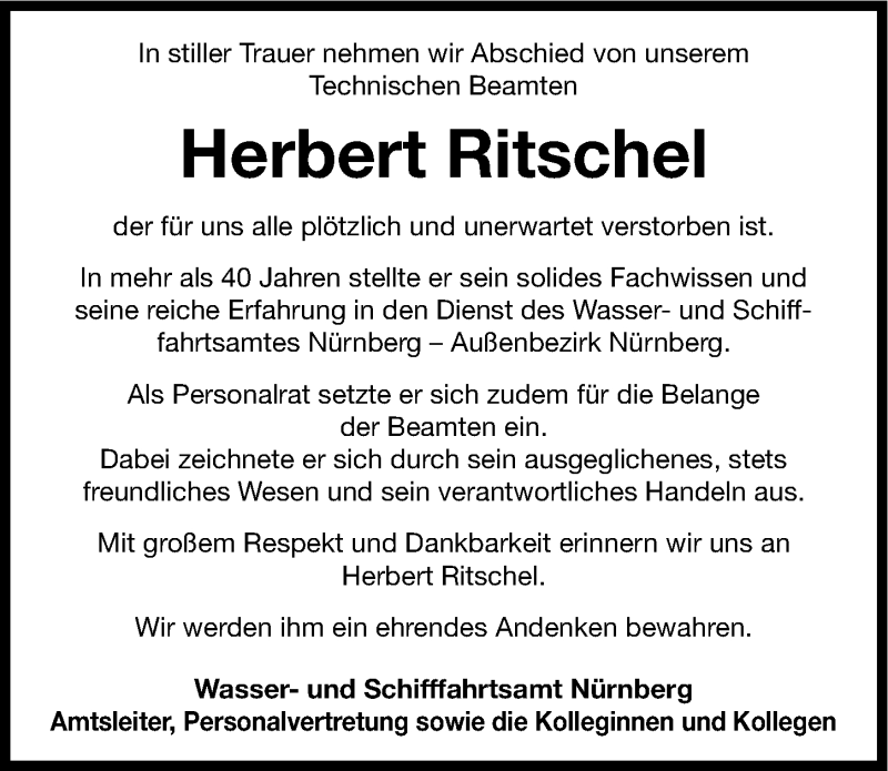 Traueranzeigen von Herbert Ritschel | trauer.nn.de