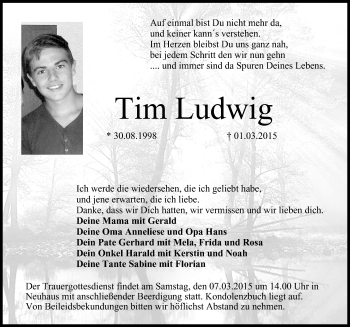 Traueranzeigen von Tim Ludwig | trauer.nn.de
