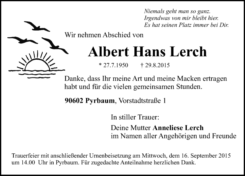 Traueranzeigen von Albert Hans Lerch | trauer.nn.de