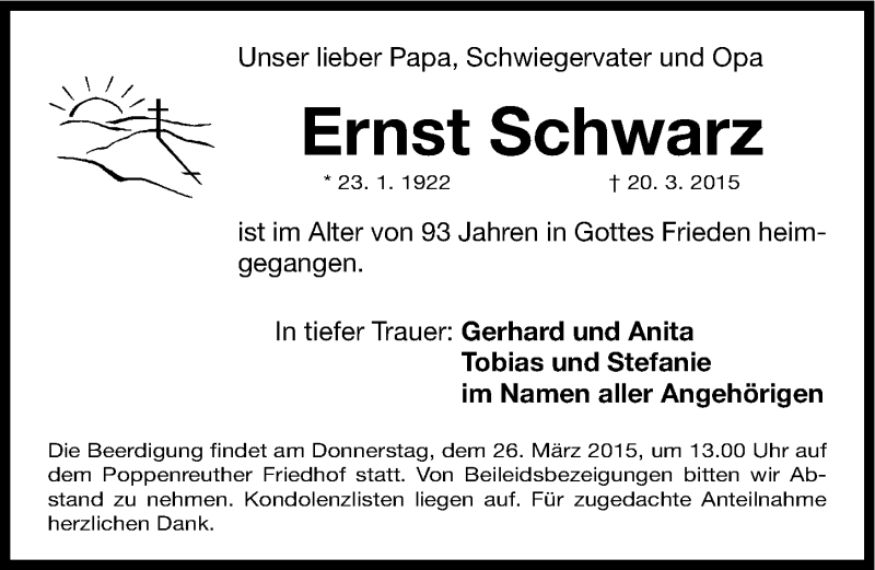 Traueranzeigen von Ernst Schwarz | trauer.nn.de