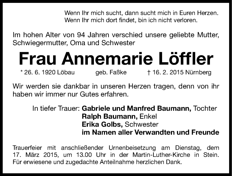 Traueranzeigen von Annemarie Löffler | trauer.nn.de