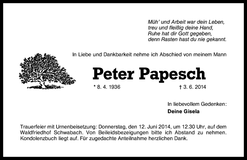 Traueranzeigen von Peter Papesch | trauer.nn.de