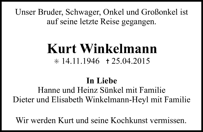 Traueranzeigen von Kurt Winkelmann | trauer.nn.de