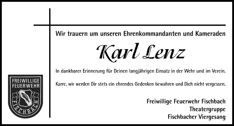 Traueranzeigen von Karl Lenz | trauer.nn.de