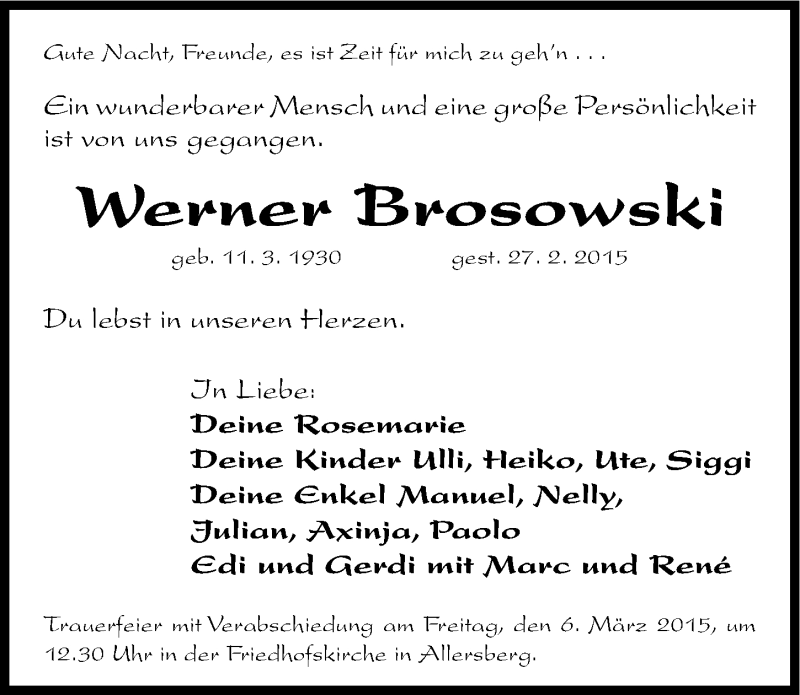 Traueranzeigen von Werner Brosowski | trauer.nn.de