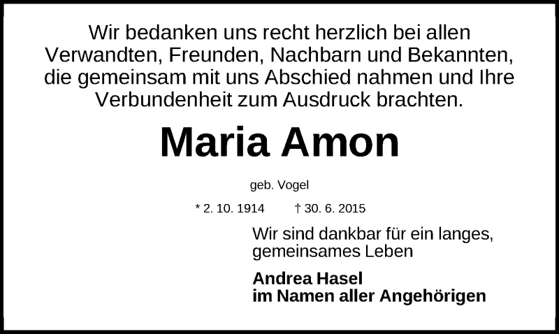 Traueranzeigen von Maria Amon | trauer.nn.de