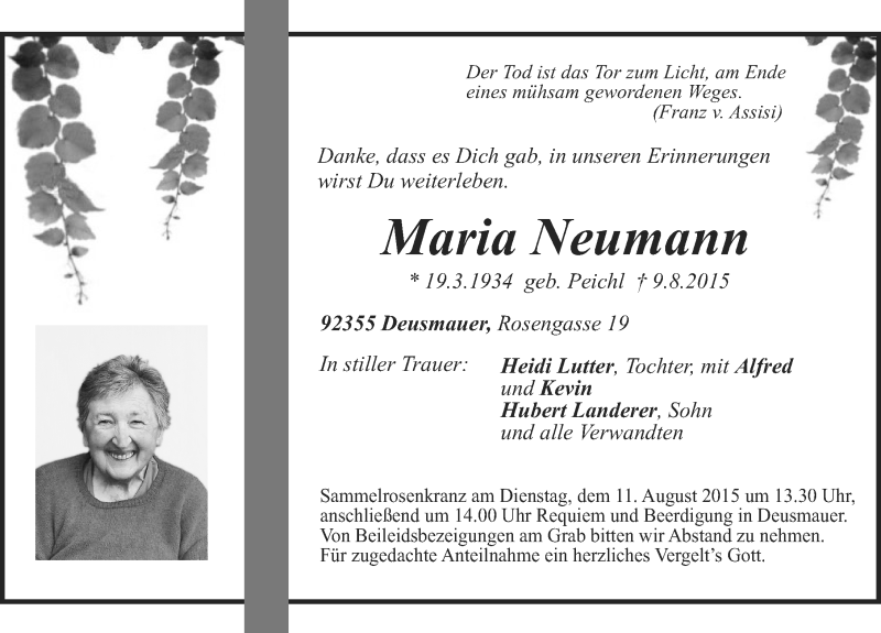 Traueranzeigen von Maria Neumann | trauer.nn.de