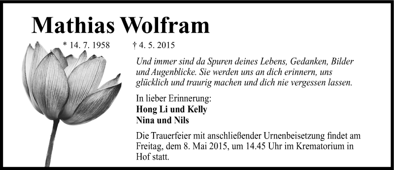 Traueranzeigen von Mathias Wolfram | trauer.nn.de