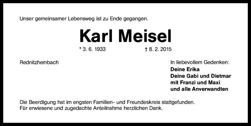 Traueranzeigen von Karl Meisel | trauer.nn.de