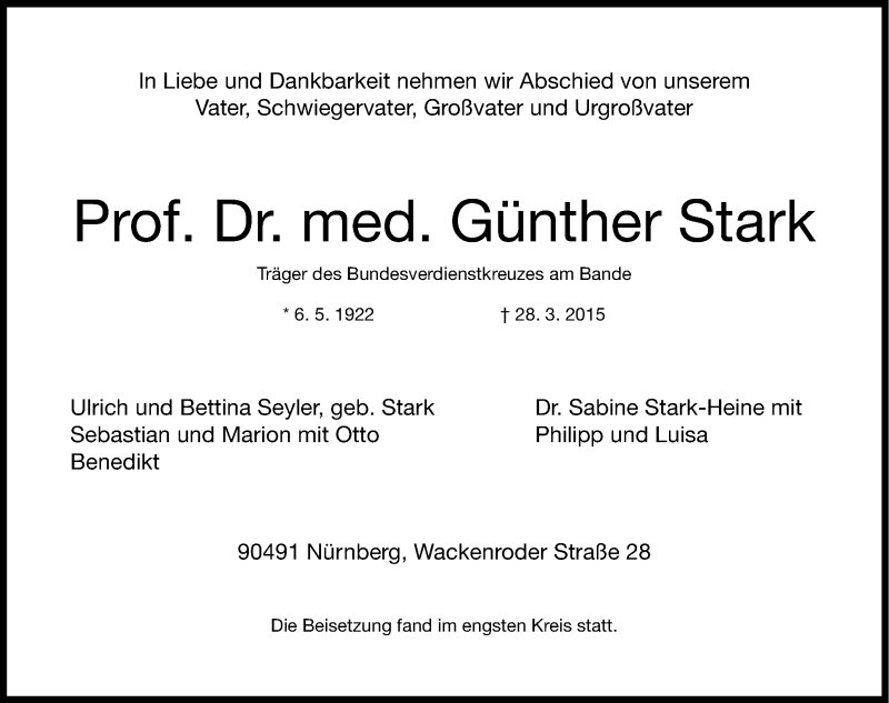 Traueranzeigen von Günther Stark | trauer.nn.de