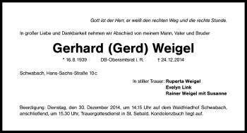 Traueranzeigen von Gerhard Weigel | trauer.nn.de
