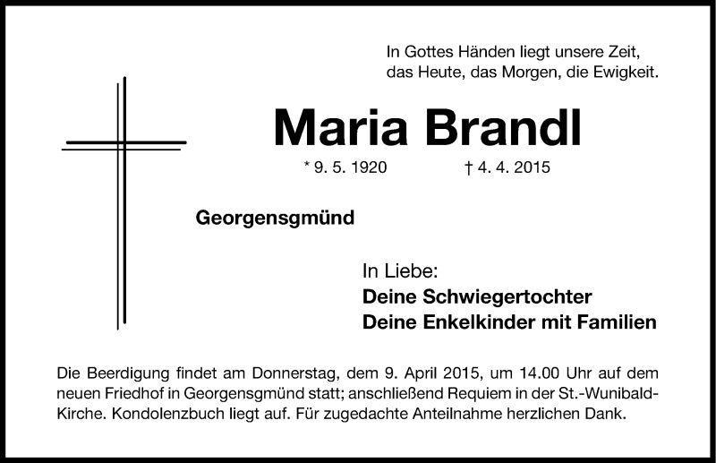 Traueranzeigen von Maria Brandl | trauer.nn.de