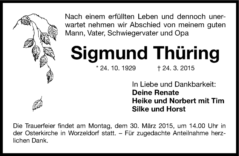 Traueranzeigen von Sigmund Thüring | trauer.nn.de