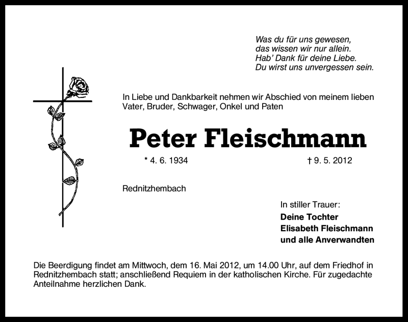 Traueranzeigen von Peter Fleischmann | trauer.nn.de