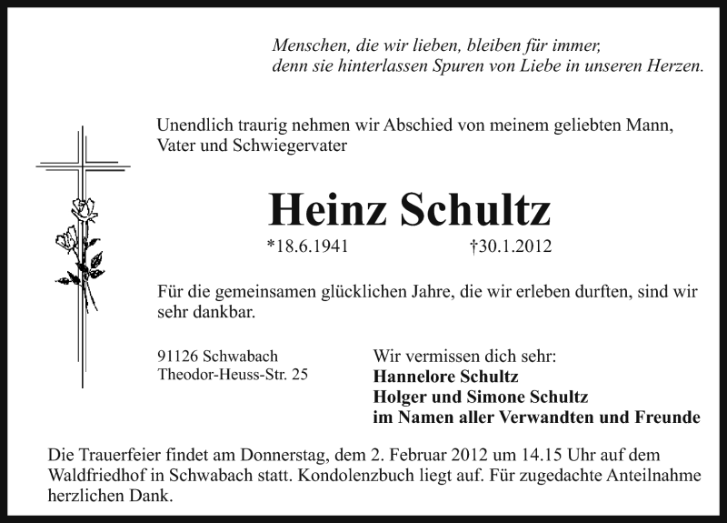 Traueranzeigen von Heinz Schultz | trauer.nn.de