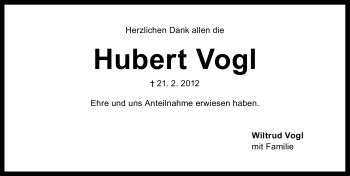 Traueranzeigen von Hubert Vogl | trauer.nn.de