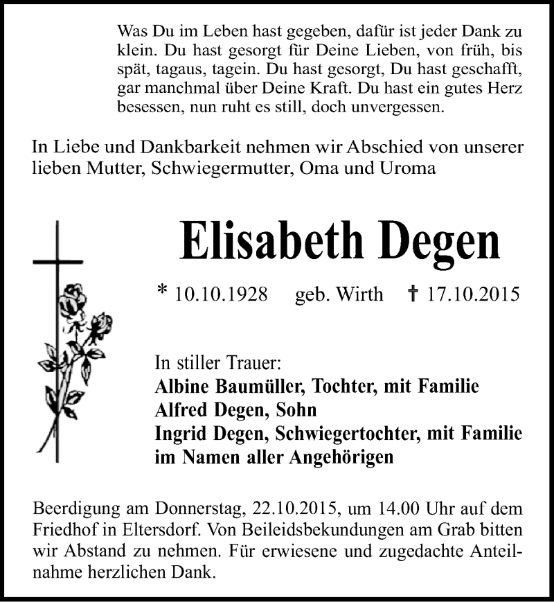Traueranzeigen von Elisabeth Degen | trauer.nn.de