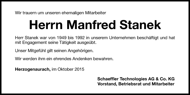 Traueranzeigen von Manfred Stanek | trauer.nn.de