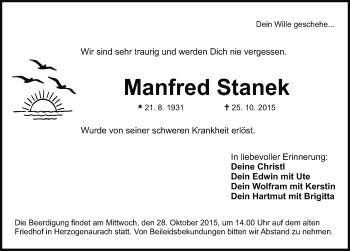 Traueranzeigen von Manfred Stanek | trauer.nn.de