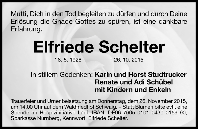 Traueranzeigen von Elfriede Schelter | trauer.nn.de
