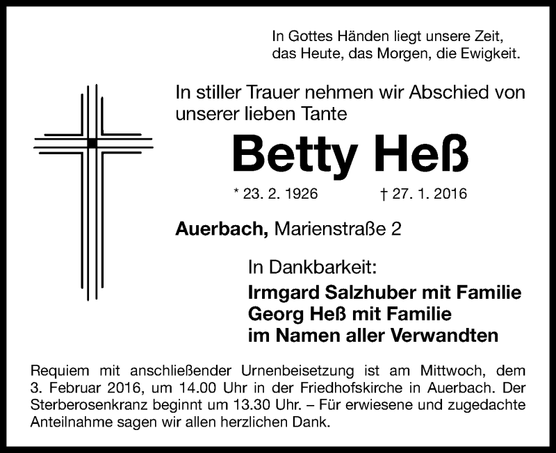 Traueranzeigen von Betty Heß | trauer.nn.de