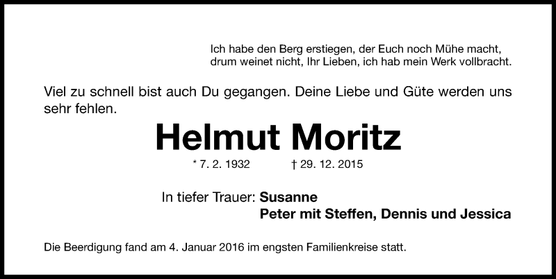 Traueranzeigen von Helmut Moritz | trauer.nn.de