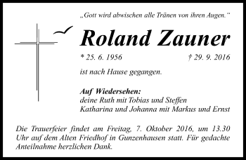 Traueranzeigen von Roland Zauner | trauer.nn.de
