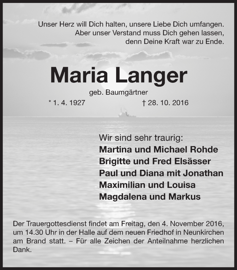 Traueranzeigen von Maria Langer | trauer.nn.de