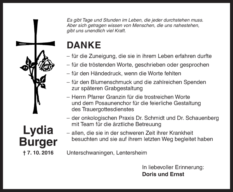 Traueranzeigen von Lydia Burger | trauer.nn.de