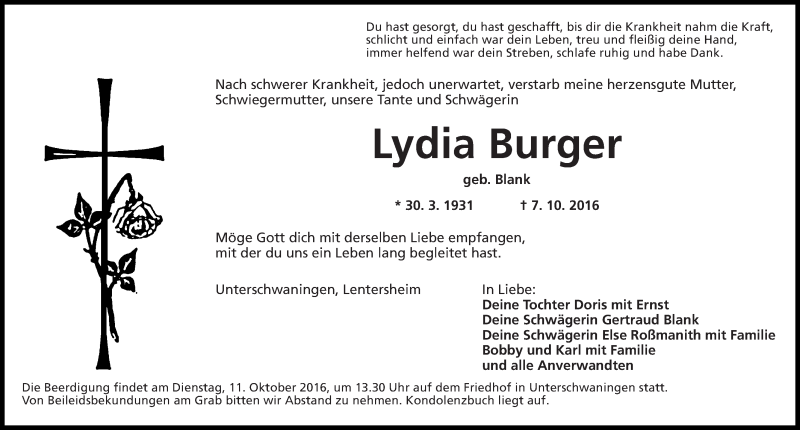 Traueranzeigen von Lydia Burger | trauer.nn.de