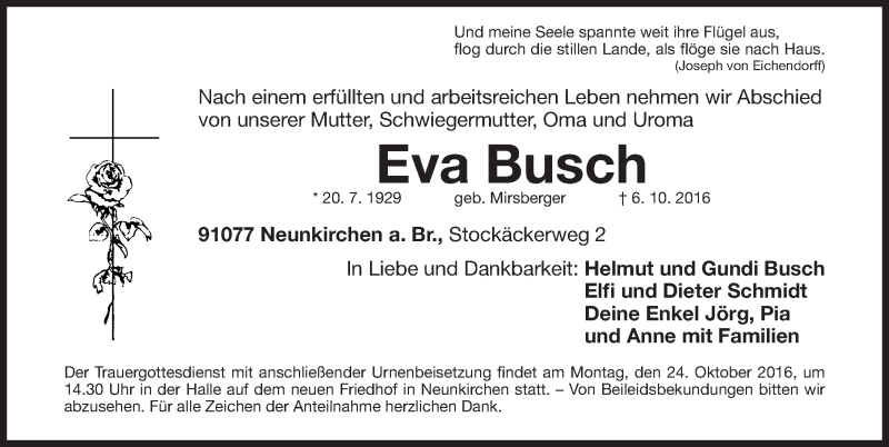 Traueranzeigen von Eva Busch | trauer.nn.de