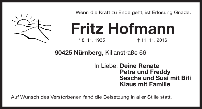Traueranzeigen von Fritz Hofmann | trauer.nn.de