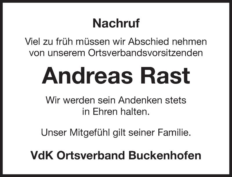 Traueranzeigen von Andreas Rast | trauer.nn.de