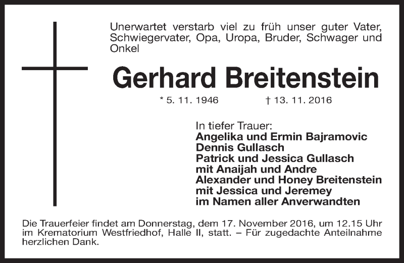 Traueranzeigen von Gerhard Breitenstein | trauer.nn.de