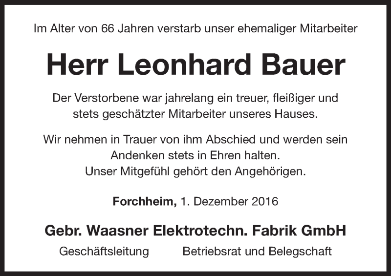 Traueranzeigen von Leonhard Bauer | trauer.nn.de