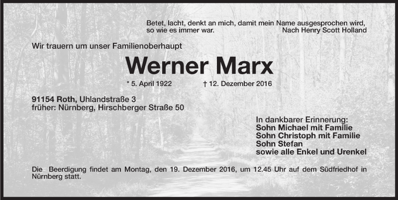 Traueranzeigen von Werner Marx | trauer.nn.de